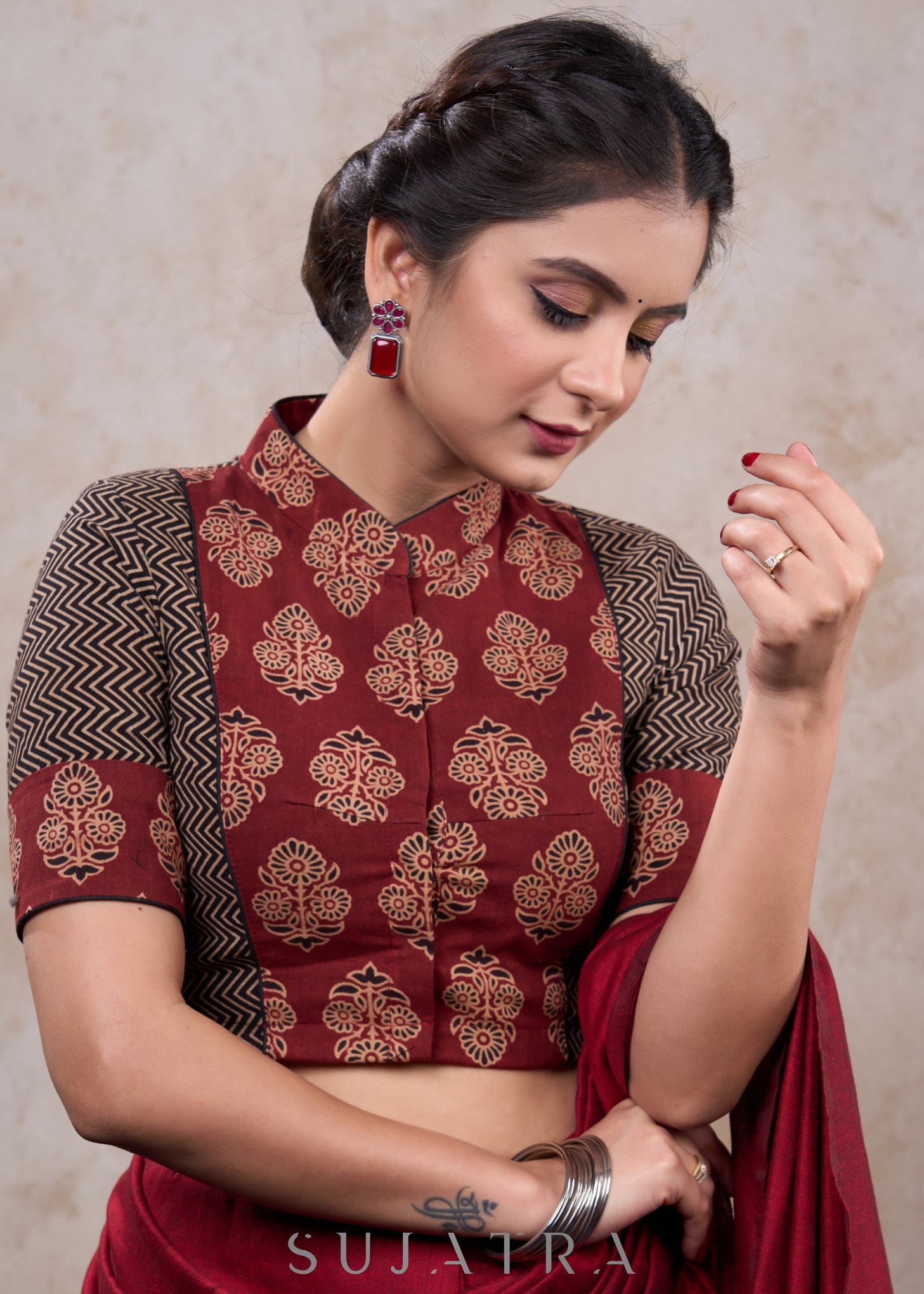 Exclusive maroon ajrakh high neck combination blouse – SujatraCA