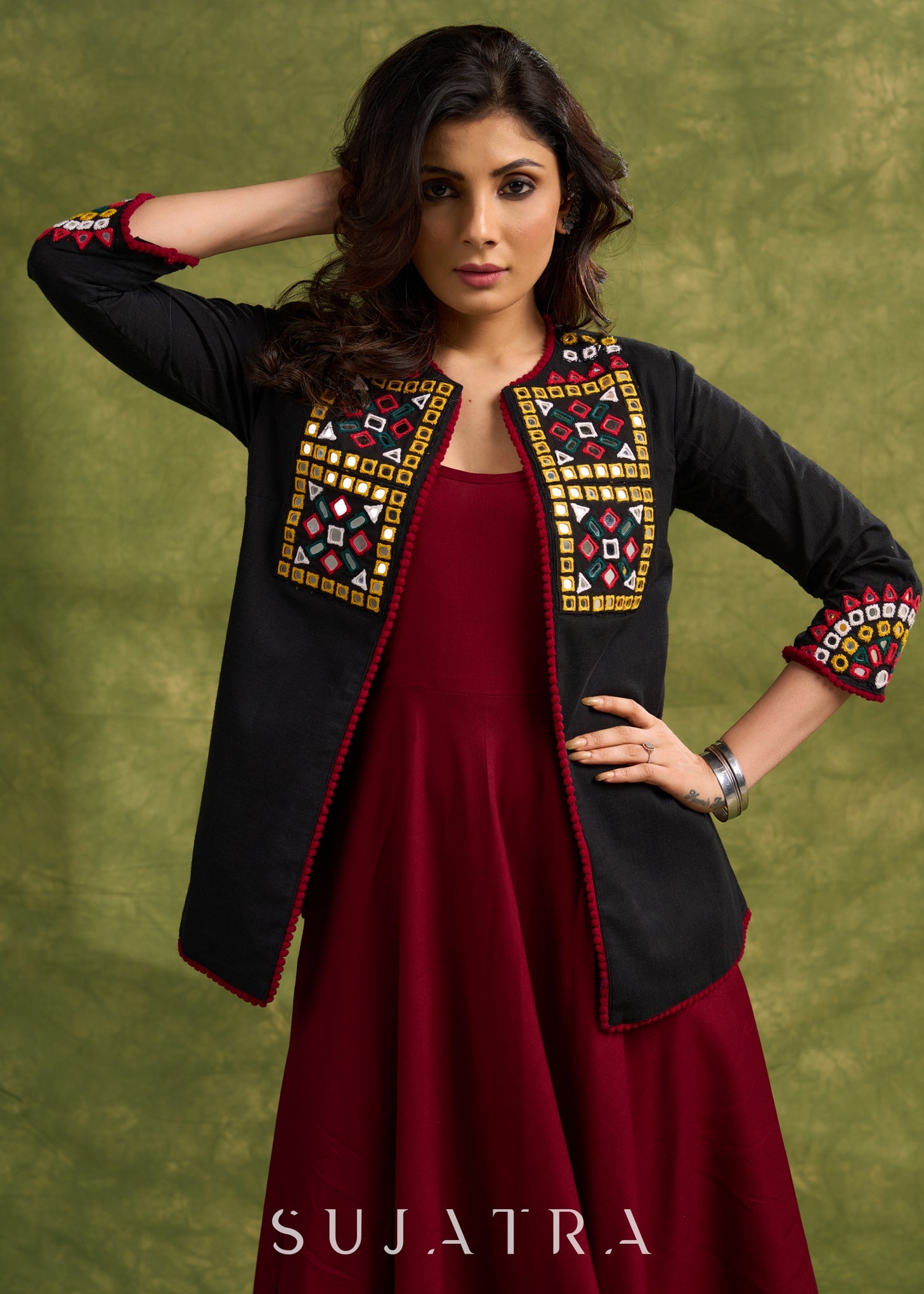 Hand Embroidered Black Cotton Kutch Jacket Featuring Traditional Mirro ...