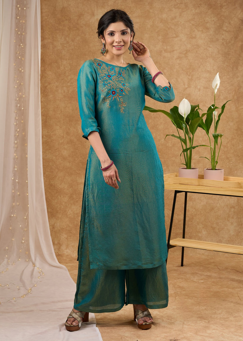 Luxurious teal tissue kurta with intricate embroidery Tissue pant opti ...