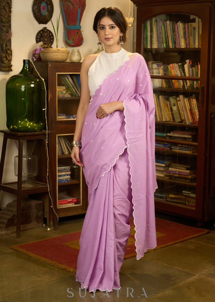 Gracious lilac mul cotton saree with embroidered disty florals and ove ...