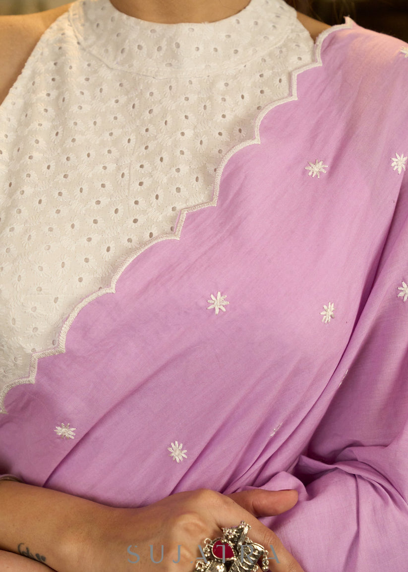 Gracious lilac mul cotton saree with embroidered disty florals and ove ...