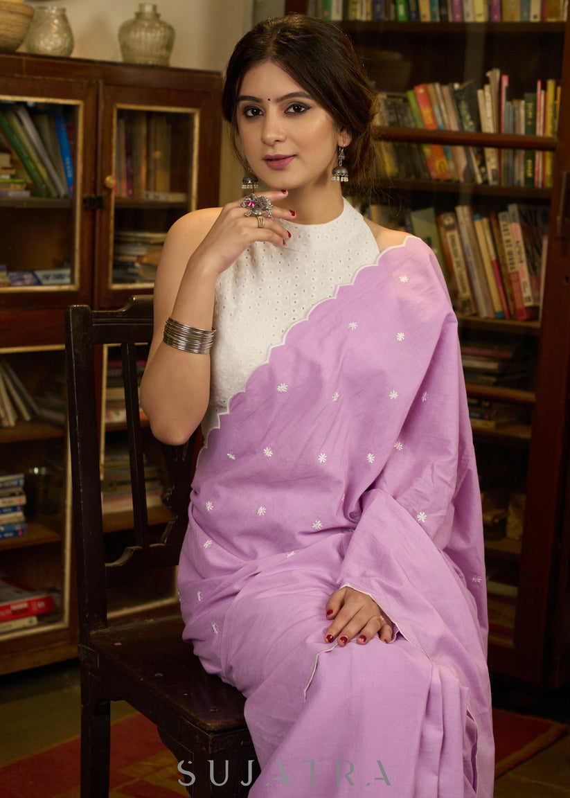 Gracious lilac mul cotton saree with embroidered disty florals and ove ...