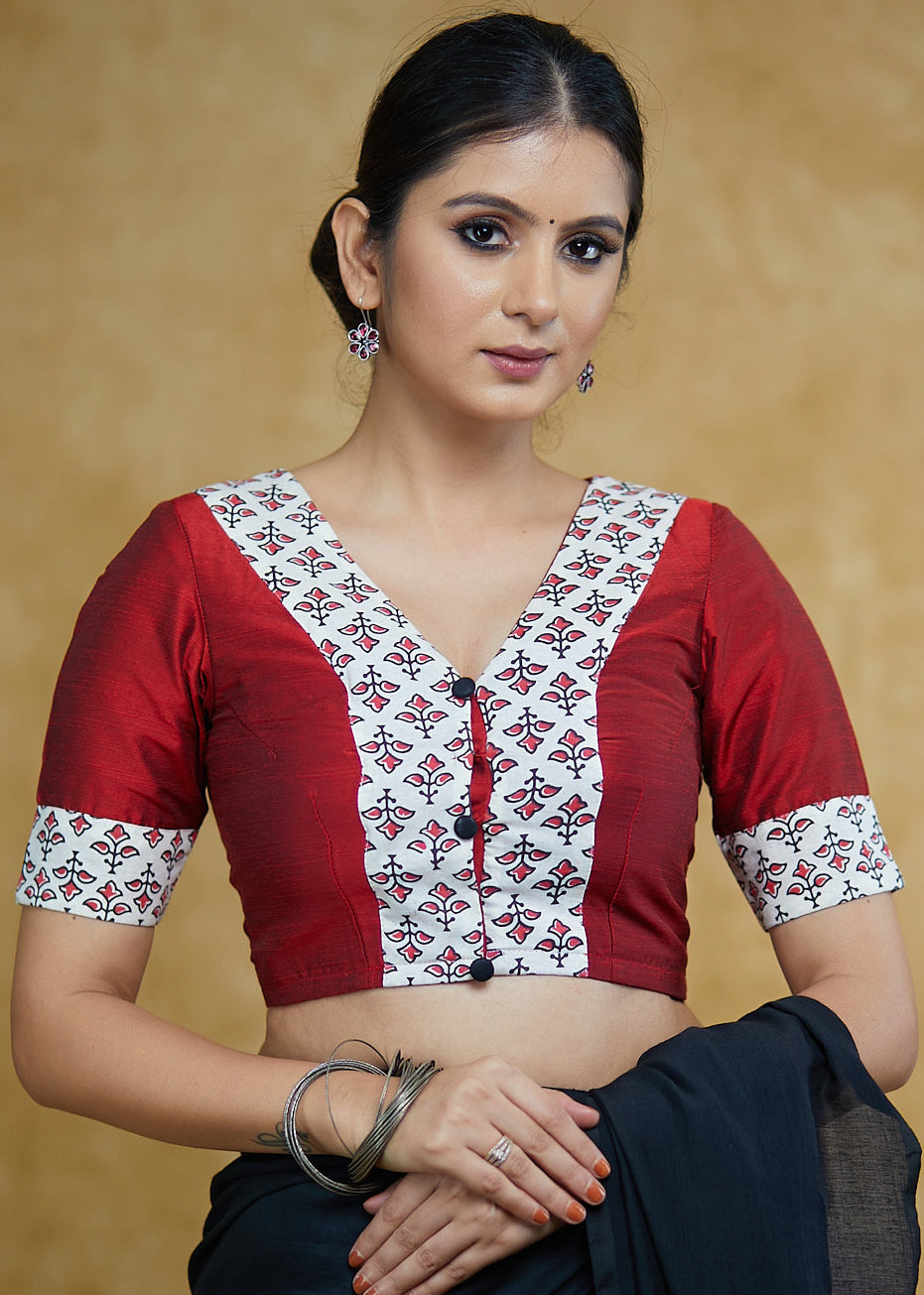 Exclusive Maroon Cotton Silk Blouse with Cream Floral Ajrakh Combinati ...