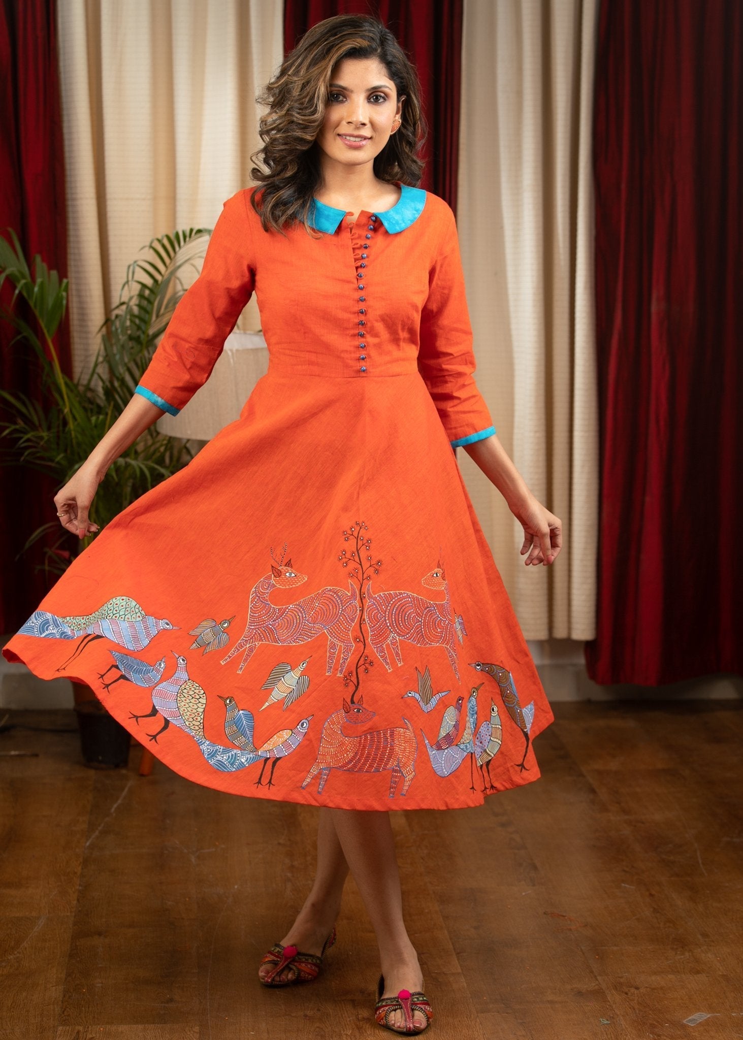 Orange cotton dress with exclusive Gond tribal painting on hem – SujatraCA